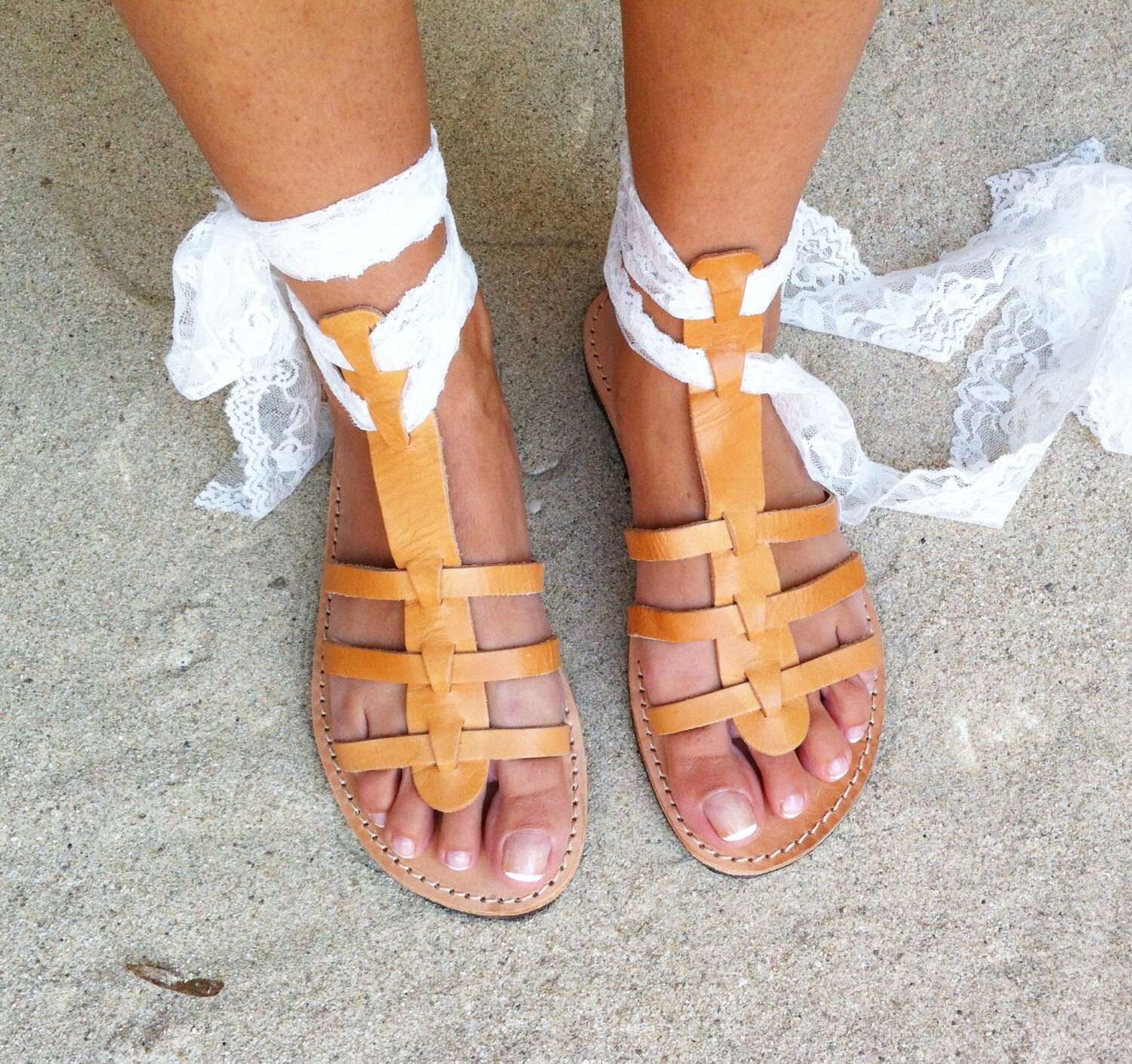 Leather sandals with lace trim wedding sandals gladiator | Etsy