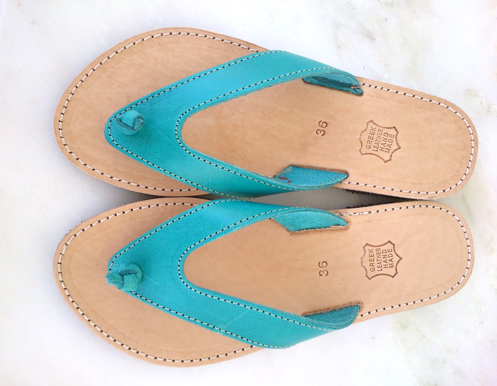 Turquoise Leather Flip Flop Sandals, Handmade Greek Style - Etsy