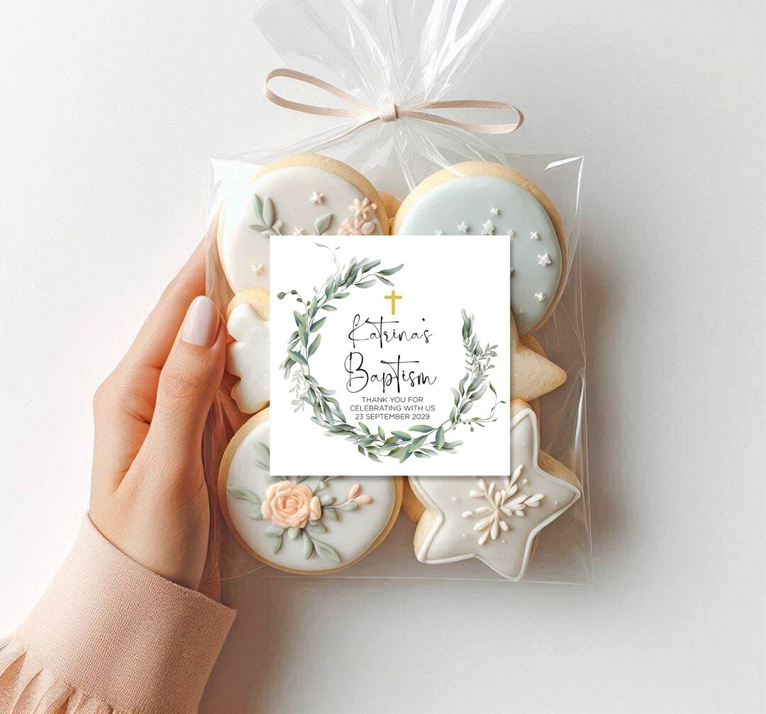Greenery Christening Stickers for Guests, Custom Baptism Thank You ...