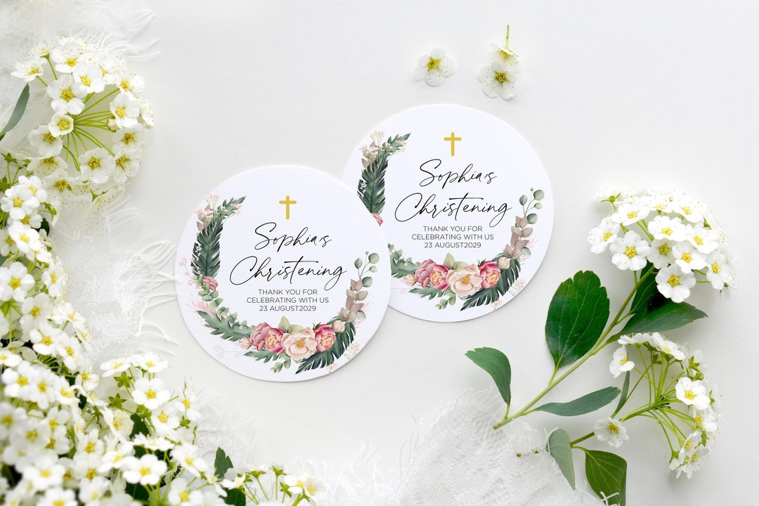 Pink Floral Christening Stickers for Guests, Custom Baptism Thank You ...
