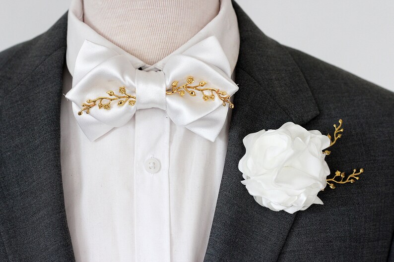 White Bow Tie Lapel Pin Set, Wedding, Groom Satin Bowtie Groomsmen ...