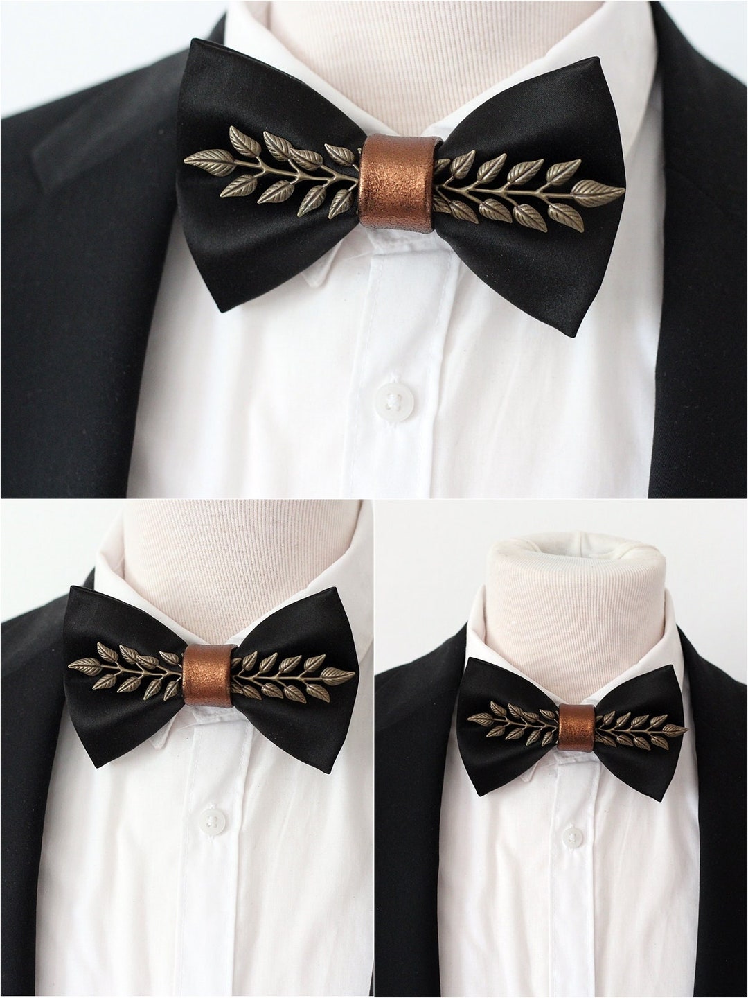 Black Bowtie, Copper Mens Silk Bow Tie for Men, Gold Wedding Bow Tie Black Satin Bowtie ...