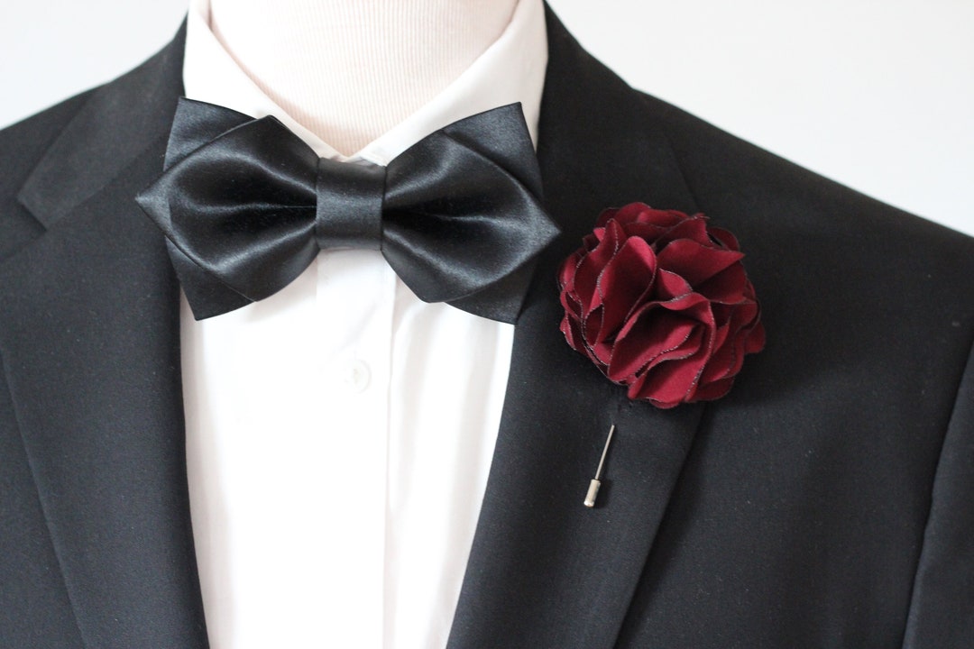 BIG Red Cotton Carnation and Black Satin Bow Tie Set, James Bond Mens ...