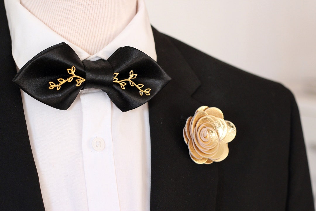 Black and Gold Small Pointed Satin Bow Tie, Formal Black Bow Ties for Men Bowtie, Wedding Groom ...