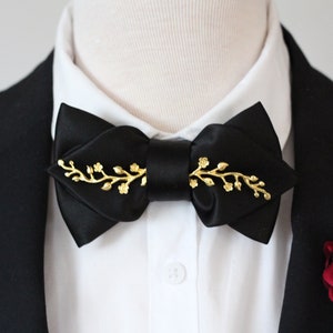 Black Bowtie, Gold Men's Pointed Bow Tie for Men, Gold Wedding Bow Tie Black Satin Bowtie Bow ...