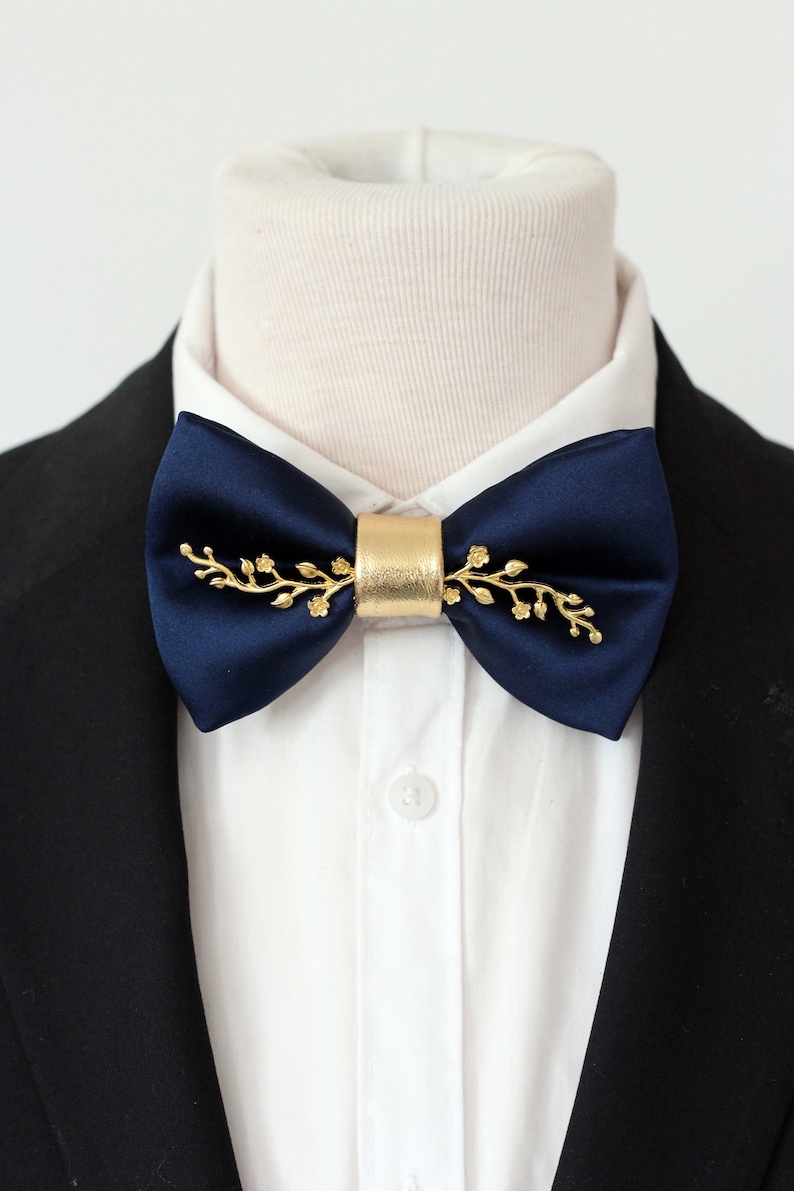 Navy Blue Bow Tie With Gold Boutnniere Blue Satin Bowties for - Etsy