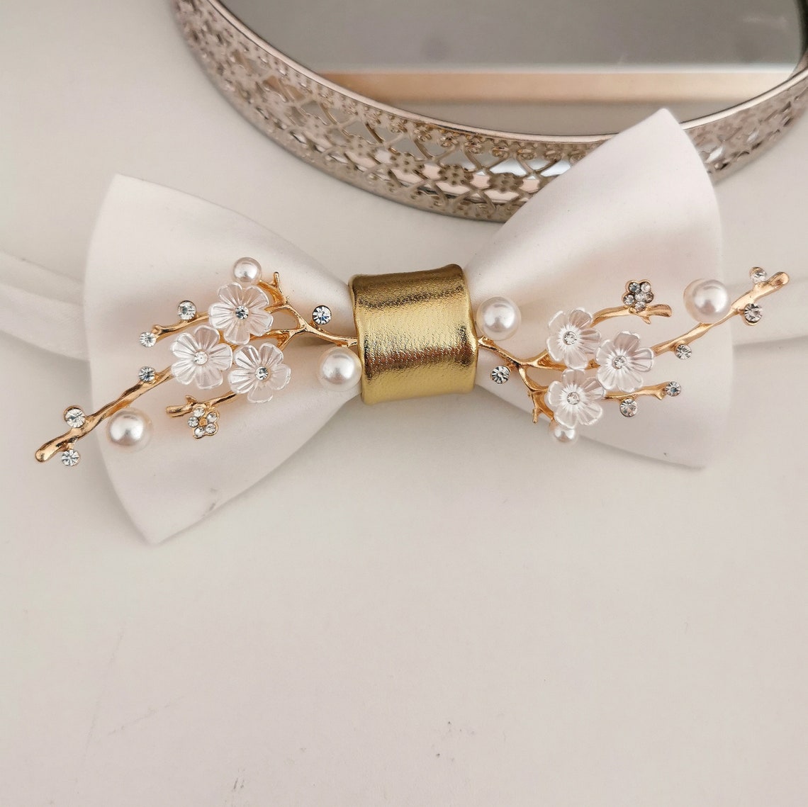 Cream White Bow Tie Lapel Pin Set, Wedding, Groom Ivory Satin Bowtie ...