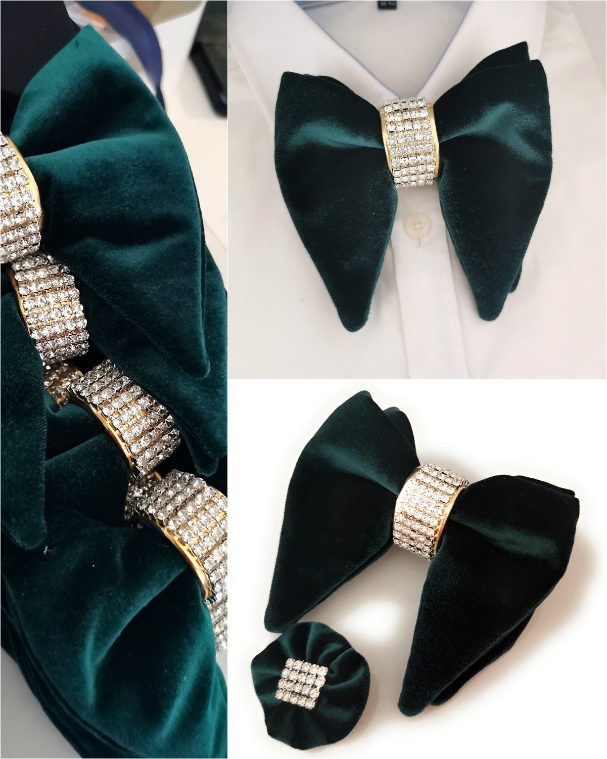 Hunters Green Velvet Butterfly Big Bow Tie Lapel Pin Set,green Gold ...