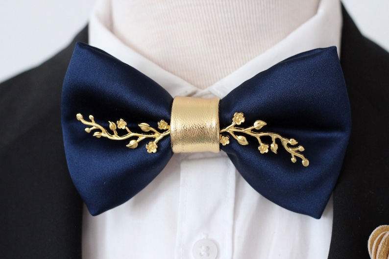 Navy Blue Bow Tie With Gold Boutnniere Blue Satin Bowties for - Etsy