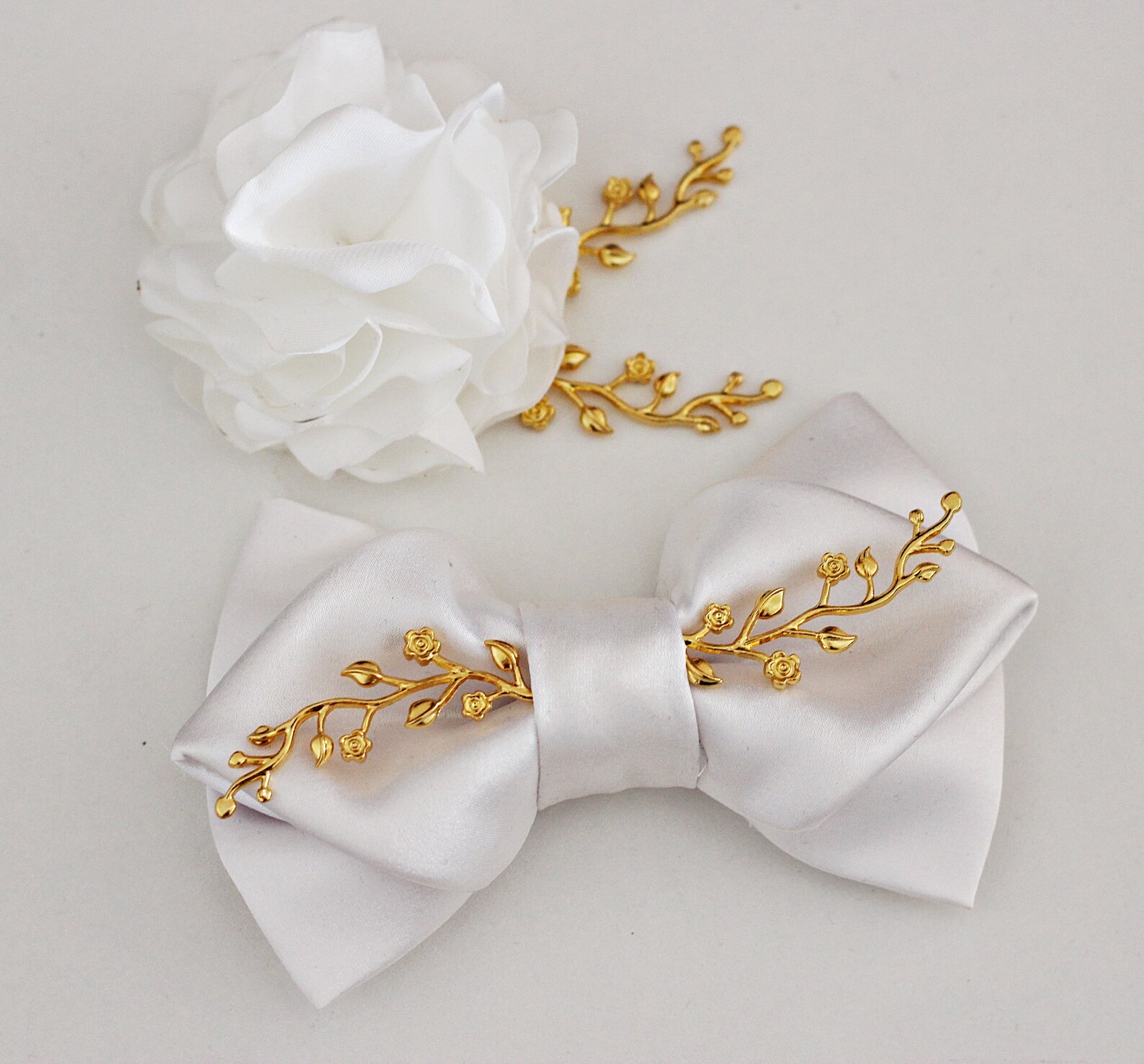 White Bow Tie Lapel Pin Set Wedding Groom Satin Bowtie - Etsy