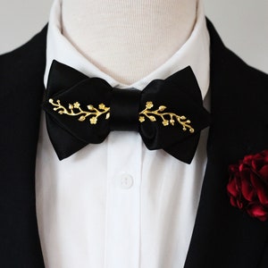 Black Bowtie, Gold Men's Pointed Bow Tie for Men, Gold Wedding Bow Tie Black Satin Bowtie Bow ...