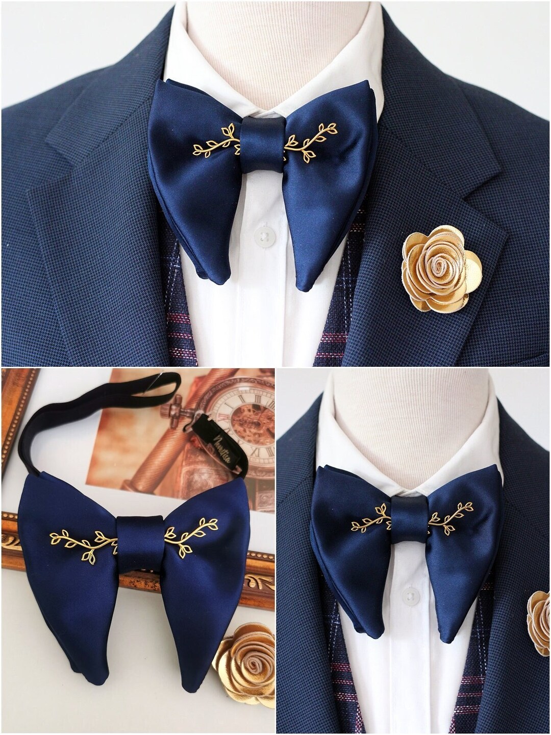 Navy Blue Satin Bow Tie Set Big Navy Blue Oversized Bowtie Men, Boys ...