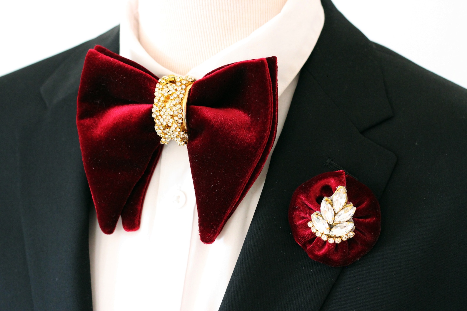 Mens Burgundy Red VELVET Gold Oversized Butterfly Bowtie Big Bow Tie ...