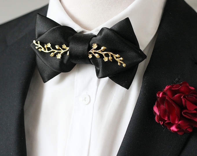 Black Bowtie, Gold Men's Pointed Bow Tie for Men, Gold Wedding Bow Tie Black Satin Bowtie Bow ...