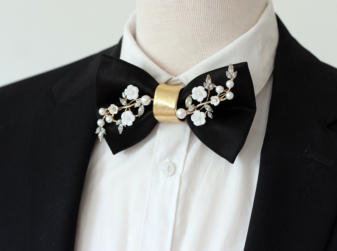 Black Bowtie, Gold Mens Satin Bow Tie Set for Men, Gold Wedding Bow Tie Black Satin Bow Tie ...
