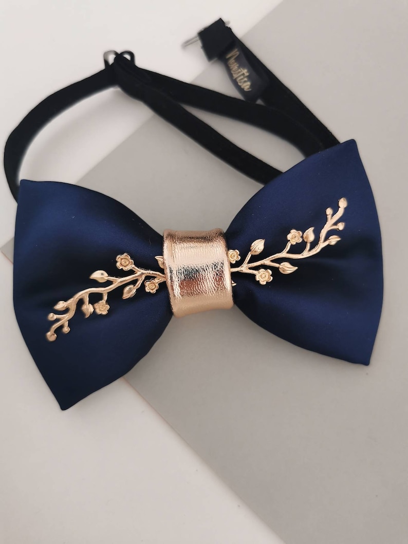 Navy Blue Bow Tie With Gold Boutnniere Blue Satin Bowties for - Etsy