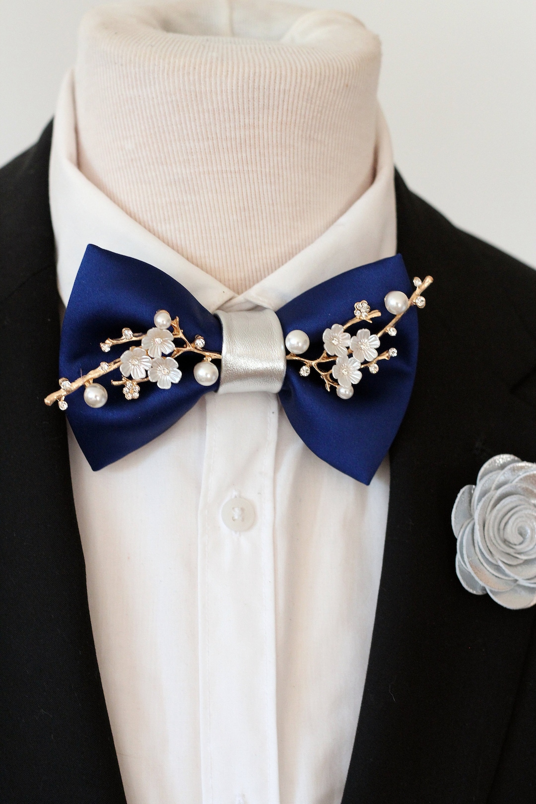 Navy Blue Satin Mens Floral Bowtie Boys Prom Bow Tie Wedding - Etsy