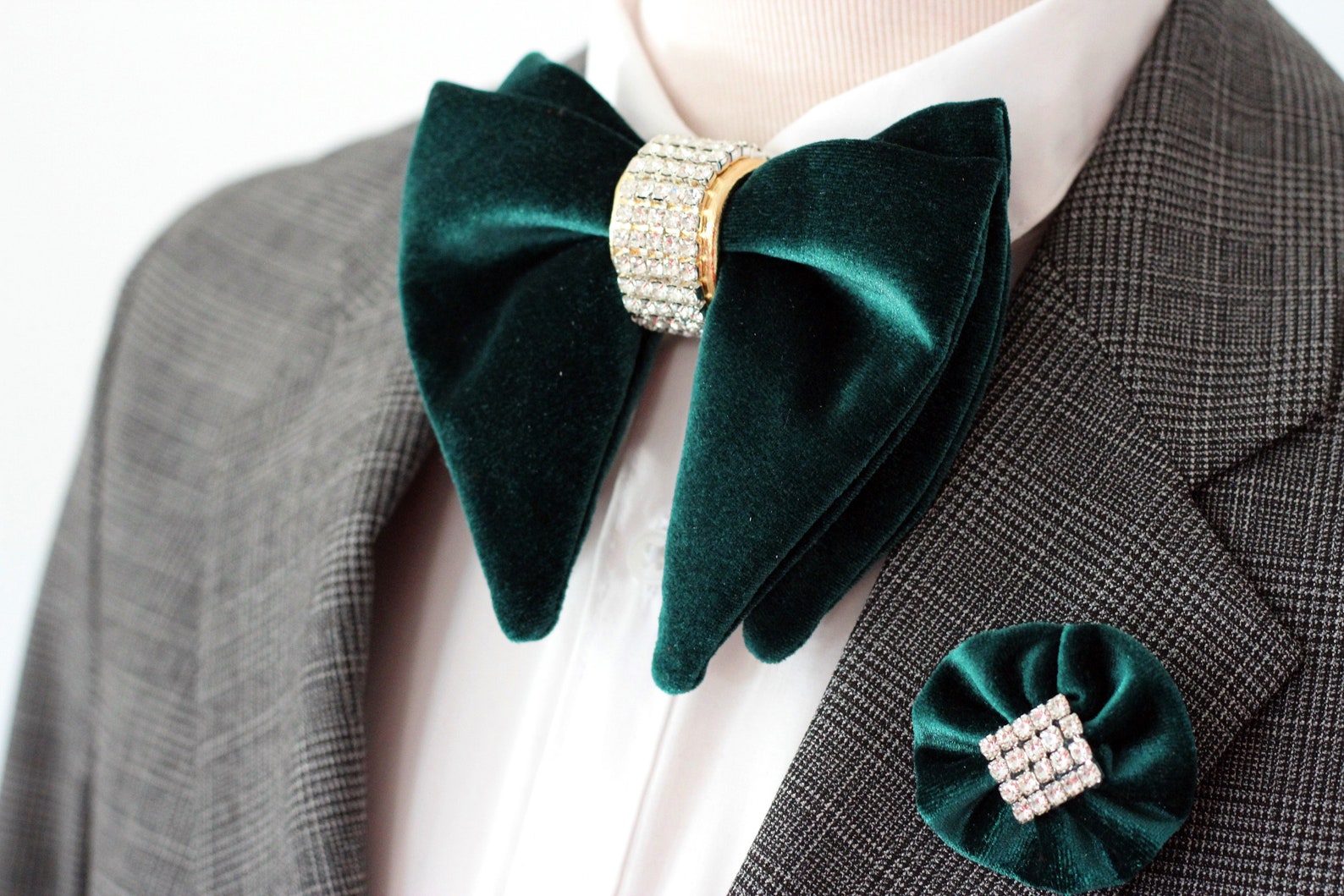 Hunters Green Velvet Butterfly Big Bow Tie Lapel Pin Set,green Gold ...