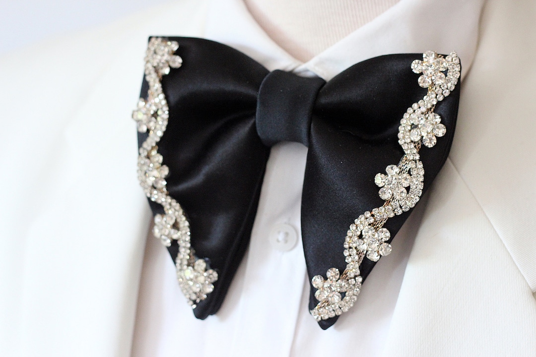 Black RETRO Satin Oversized Big Butterfly Style Bow Tie With Crystals ...