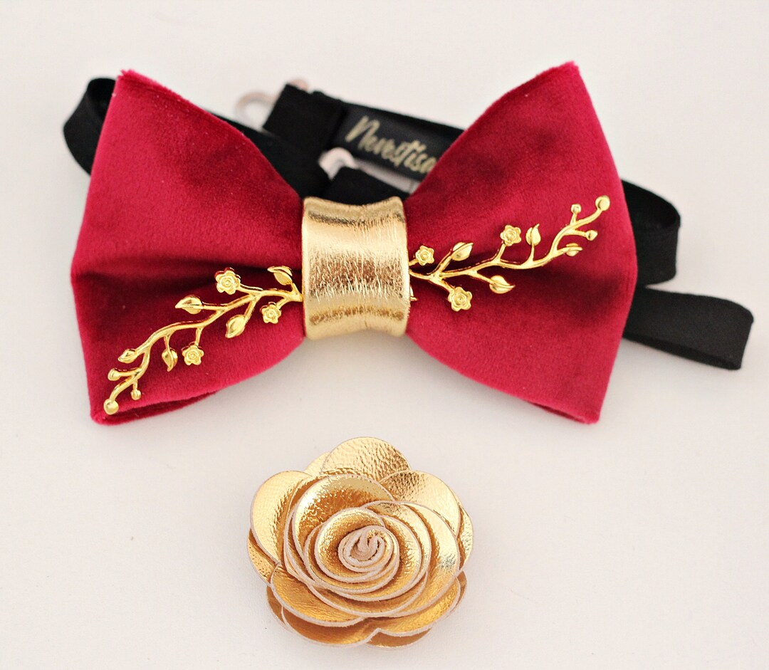 Vine Red VELVET Bowtie Big Bow Tie Set, Groomsmen Gold Lapel Flower ...
