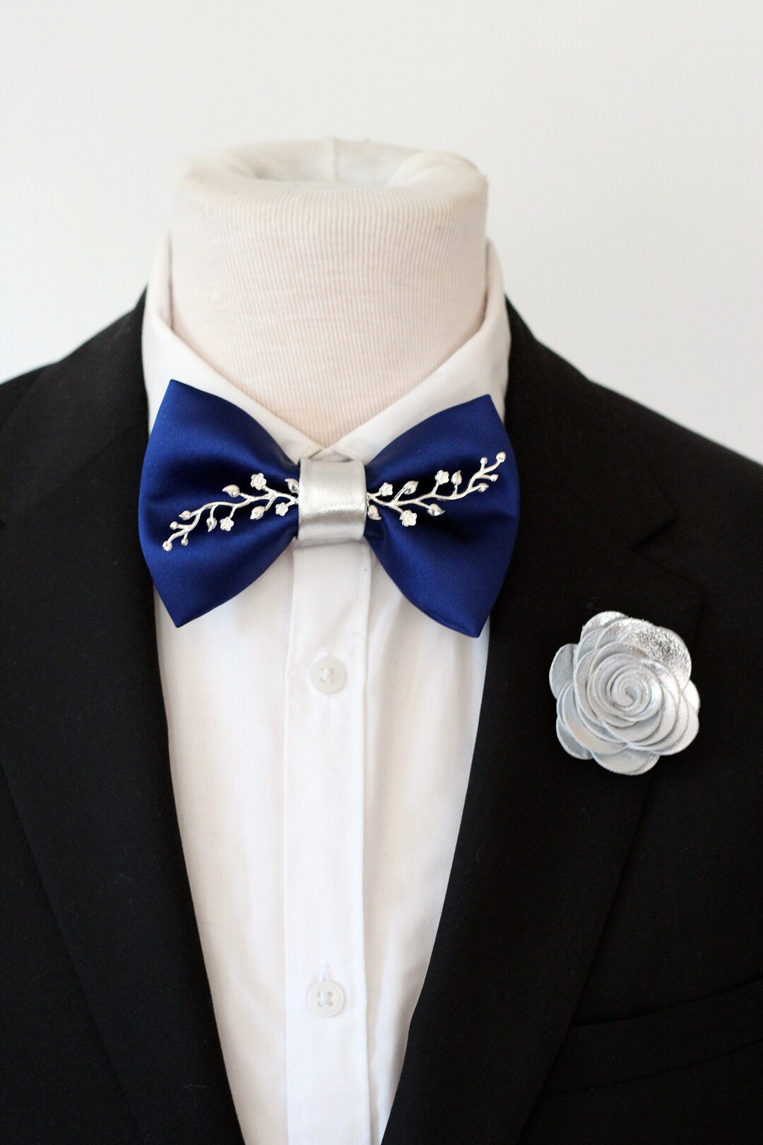 Royal Blue Bow Tie Silver Rose Flower Boutonniere Set,silver Rose Lapel ...