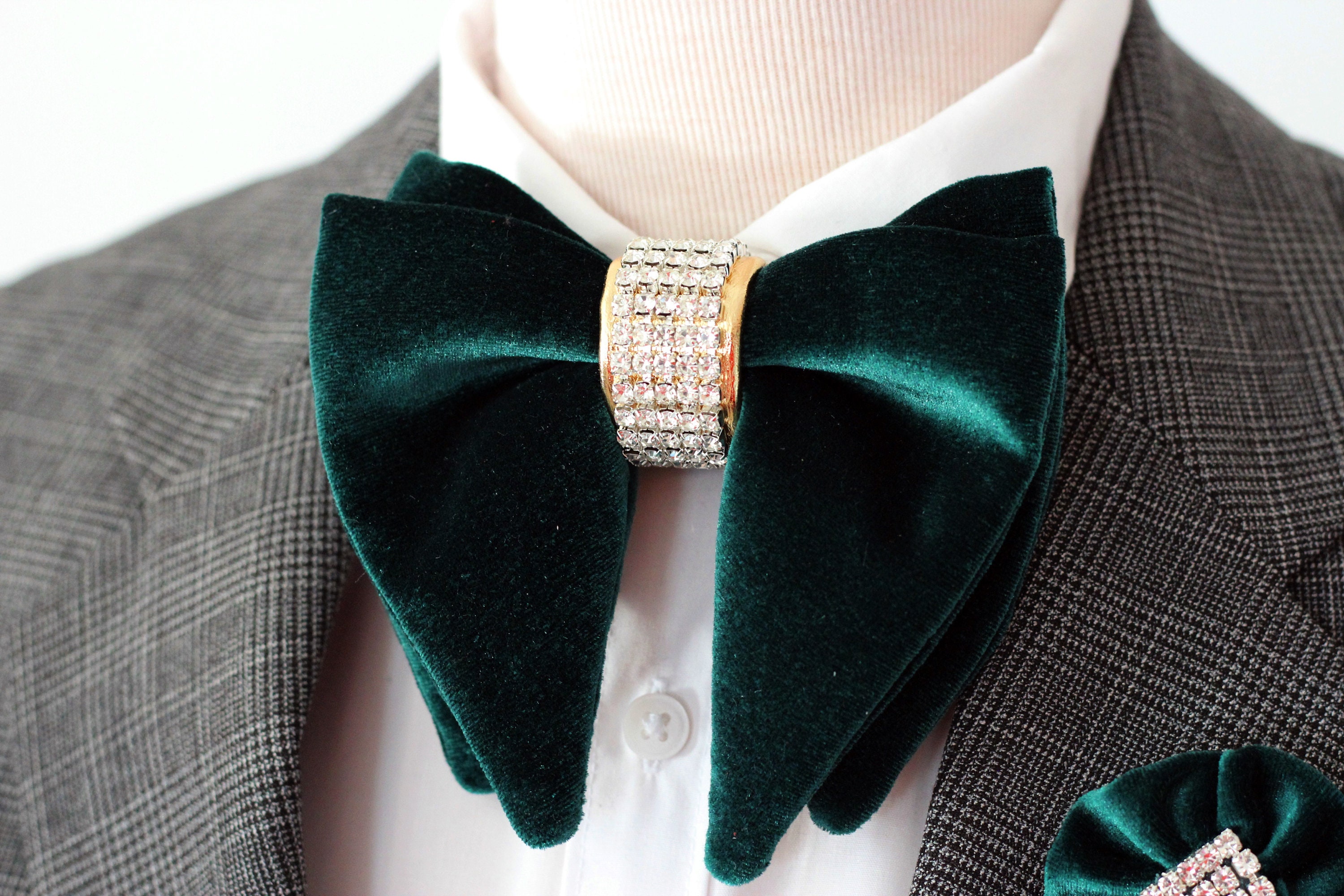 Hunters Green Velvet Butterfly Big Bow Tie Lapel Pin Set,green Gold ...