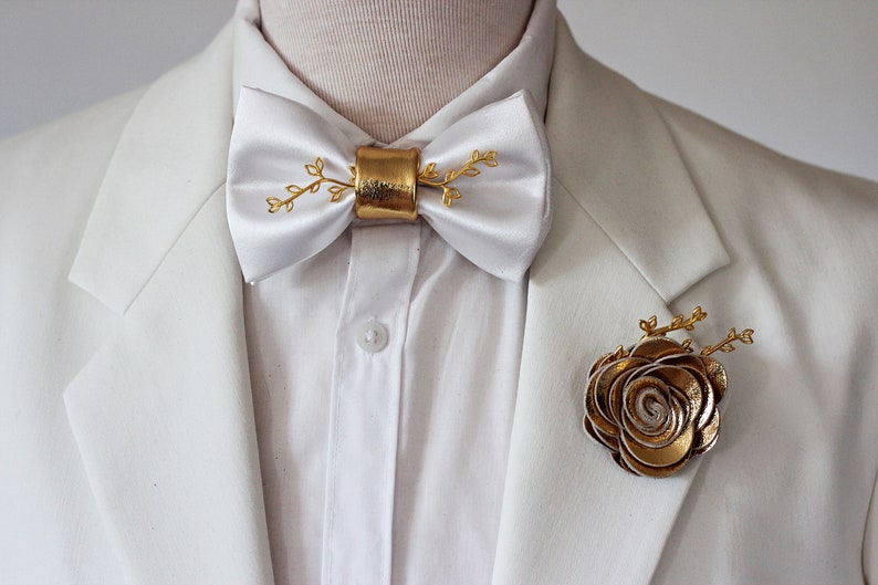 White Bow Tie Lapel Pin Set, Wedding, Groom Satin Bowtie Groomsmen ...