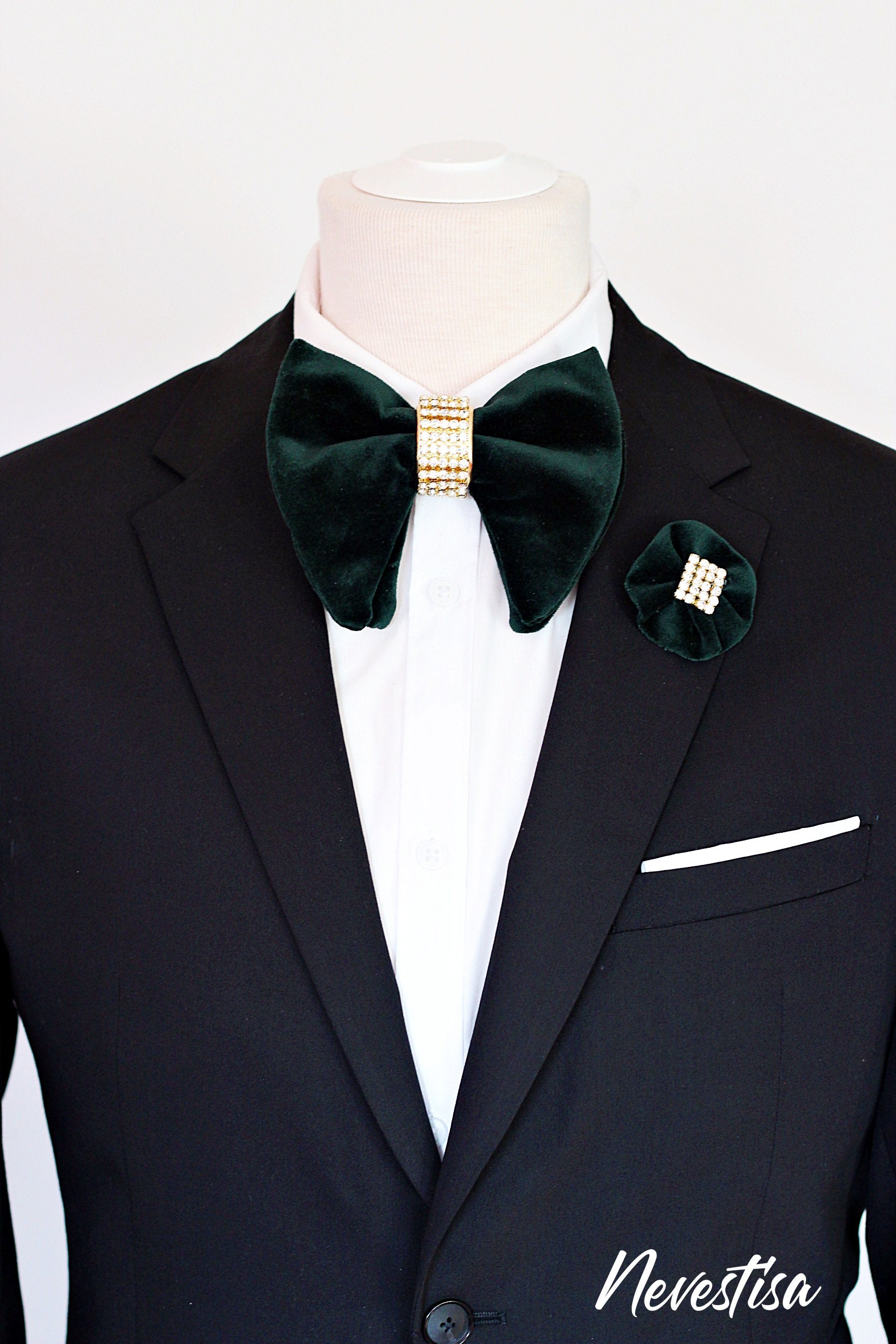 Hunters Green Velvet Butterfly Big Bow Tie Lapel Pin Set,green Gold ...