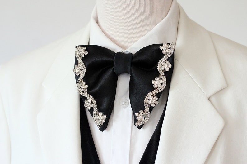 Black RETRO Satin Oversized Big Butterfly Style Bow Tie With Crystals ...