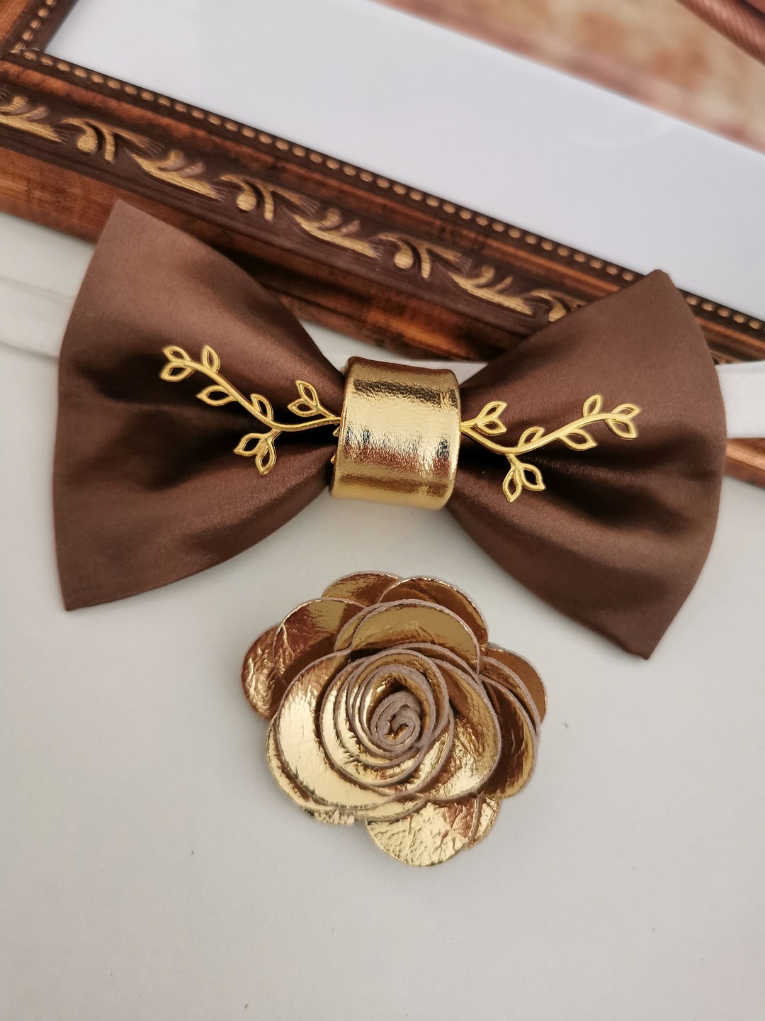 Rust Brown Copper Satin Wedding Prom Bow Tie Set Champagne Gold Bowties ...