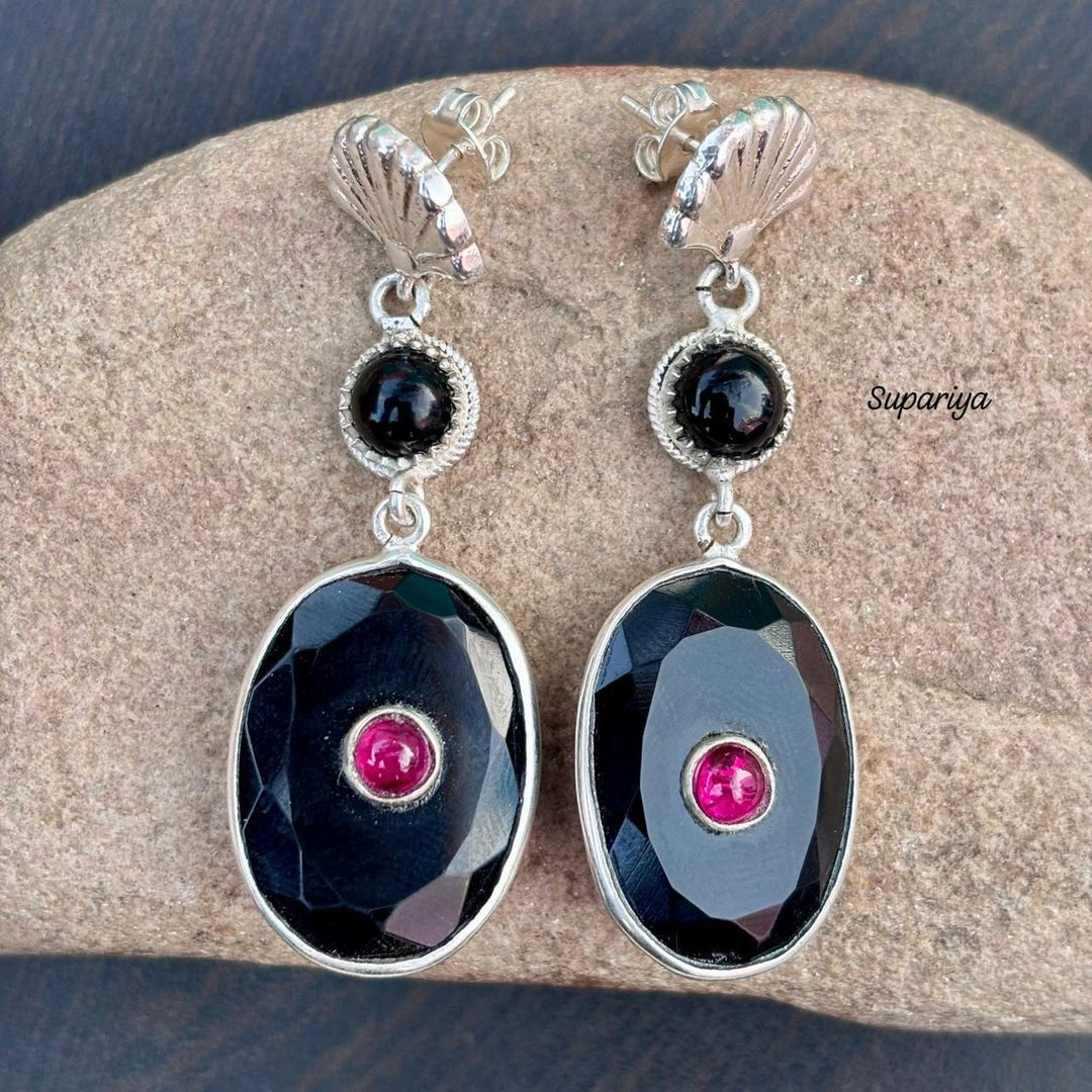 Onyx & Ruby Earrings: Sterling Silver, Handmade Gemstone , Stud Earring ...