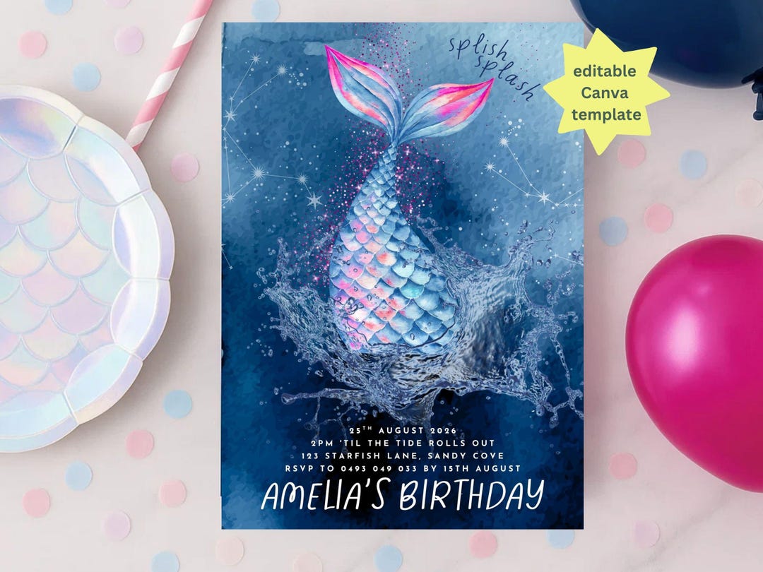 Mermaid Birthday Invitation Design Template Digital Download Party ...