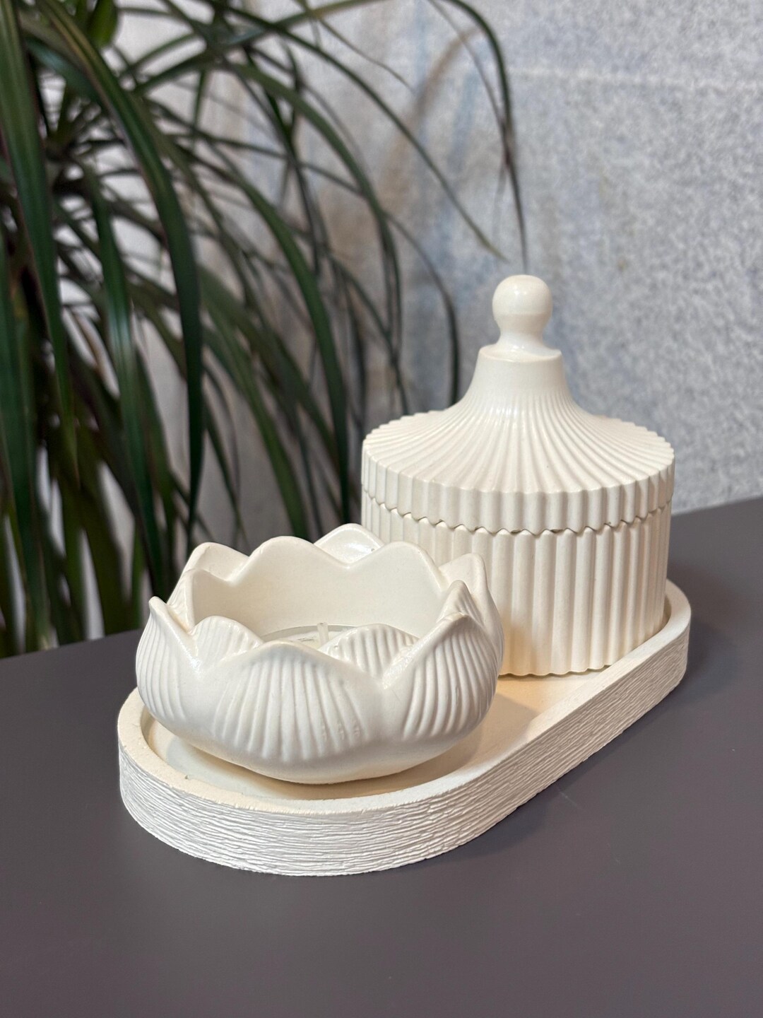 Handmade Gypsum Lotus Jar + Jar With Lid + Tray – Minimalist Home Decor ...