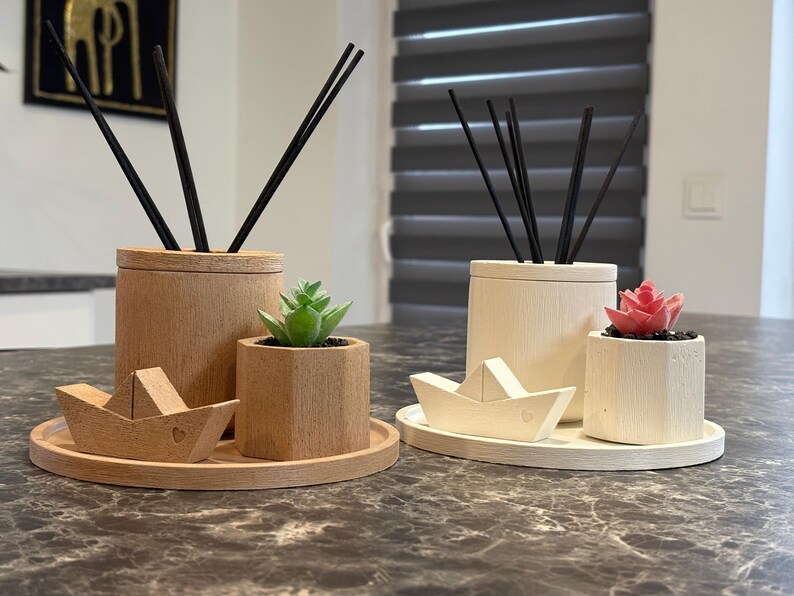 Handmade Gypsum Decor Set – Round Tray With Faux Succulent, Mini Boat ...