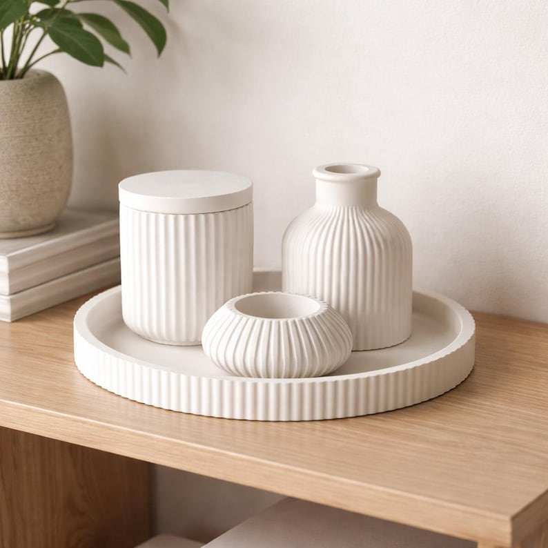 Ribbed Decor Tray Set With Vase, Jar, Tealight Holder – Minimalist ...