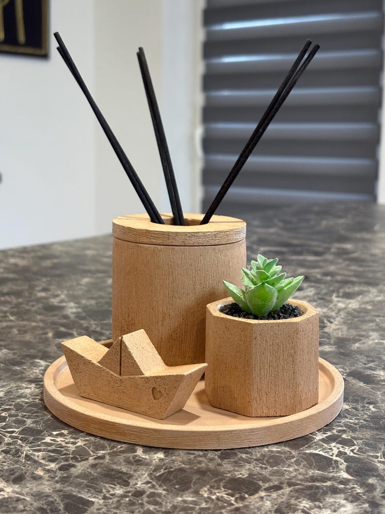 Handmade Gypsum Decor Set – Round Tray With Faux Succulent, Mini Boat ...