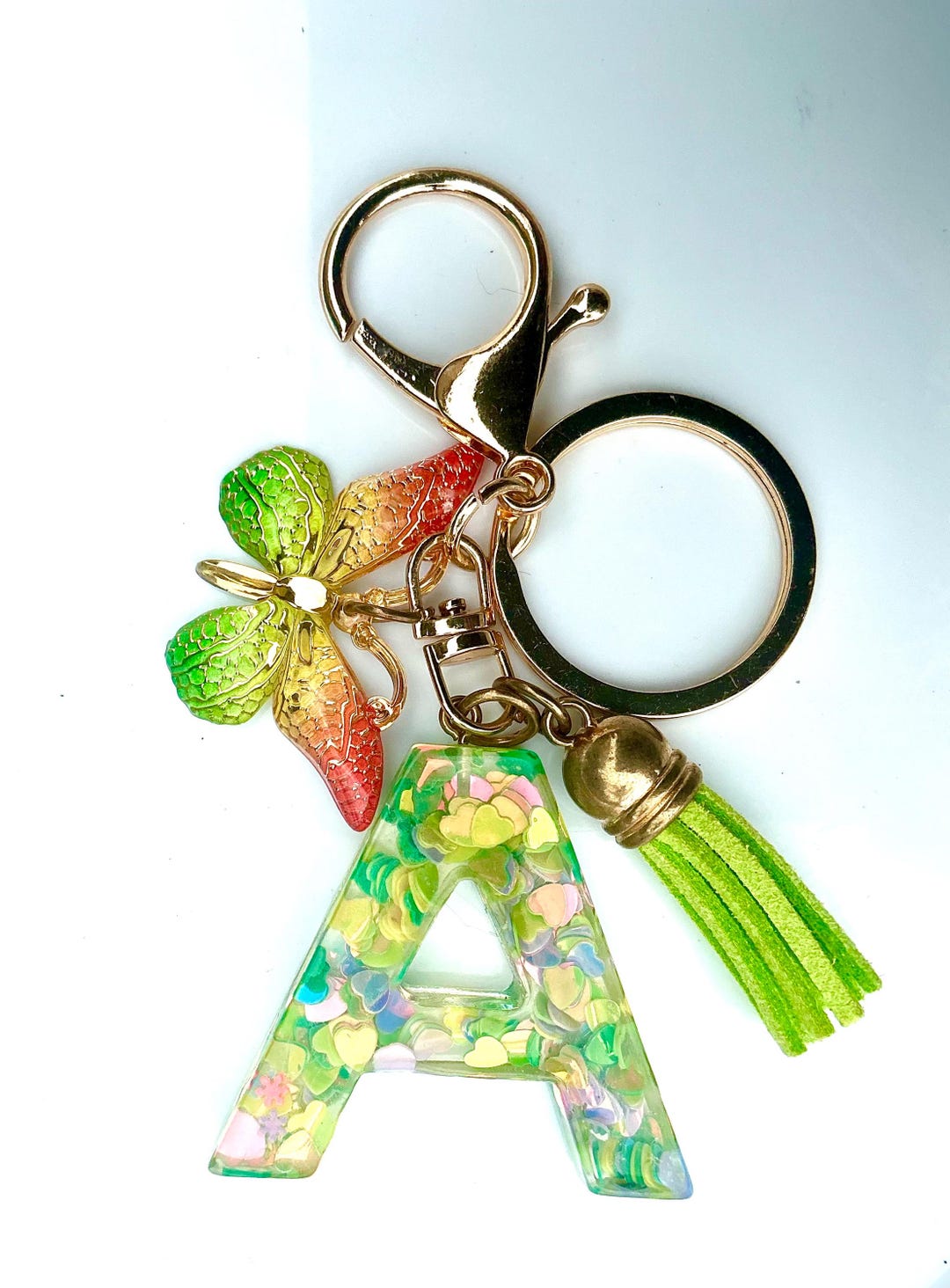 Resin Initial Keychain | Lime Green Tassel, Iridescent Glitter ...