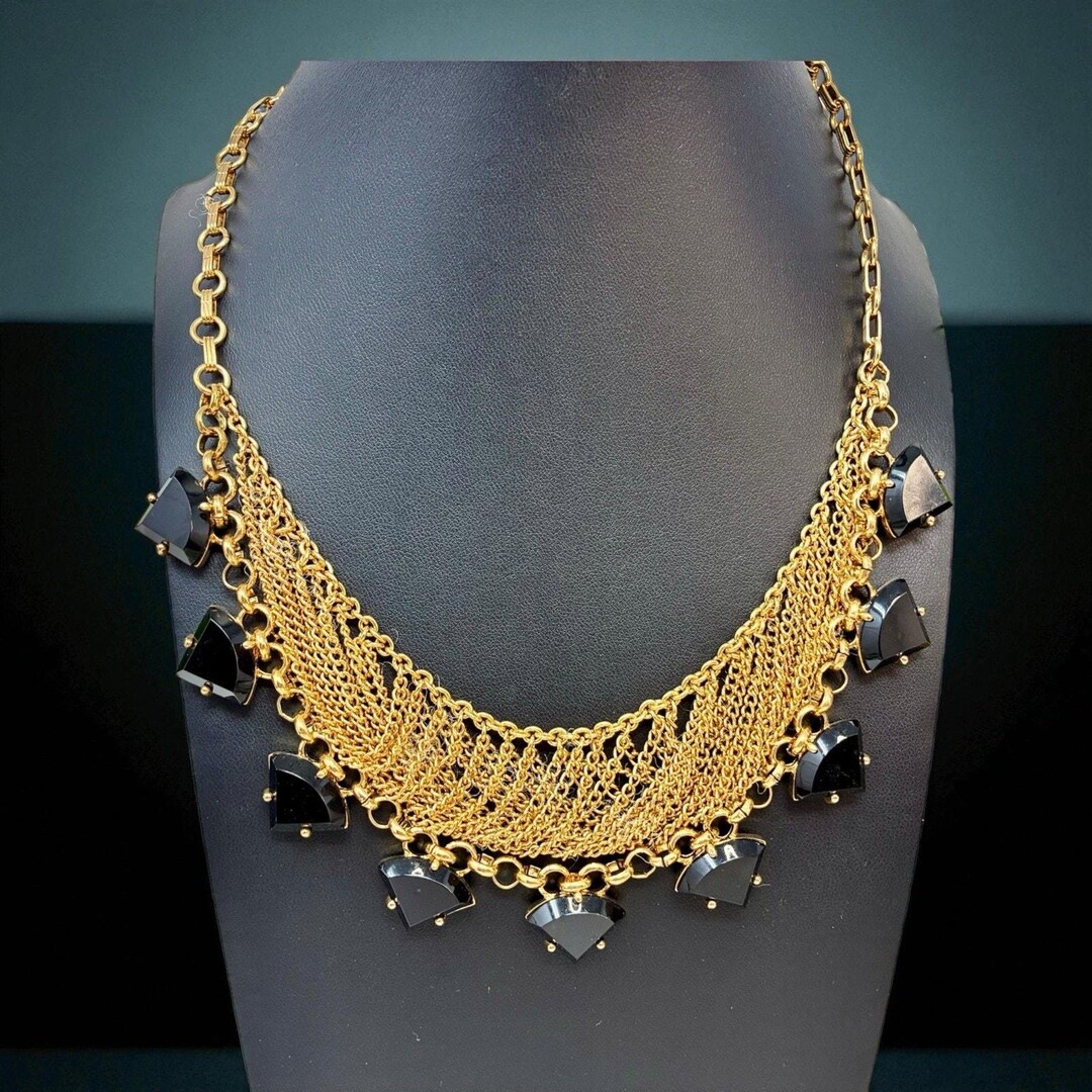 New MONET Gold Tone Multi-chain Statement Necklace-black Fan Charms Tag Attached - Etsy