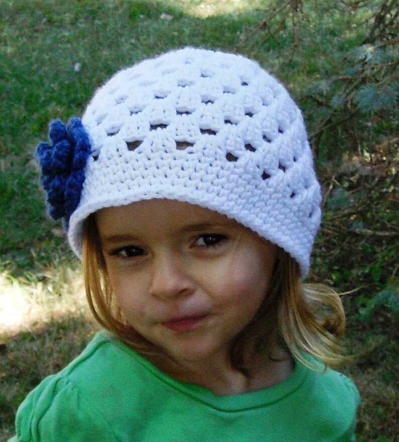 Crochet Open Weave Hat Cap Cloche--white With Blue Flower--any Size - Etsy