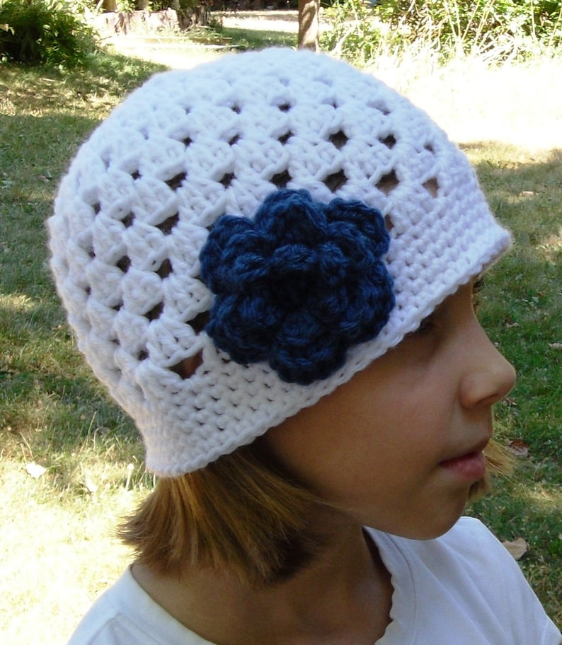 Crochet Open Weave Hat Cap Cloche--white With Blue Flower--any Size - Etsy