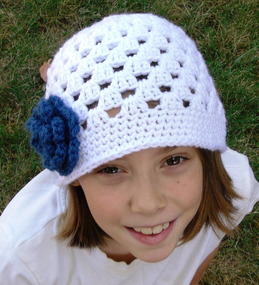Crochet Open Weave Hat Cap Cloche--white With Blue Flower--any Size - Etsy
