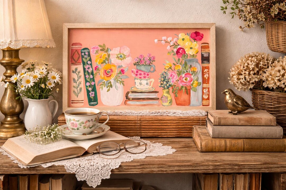 Cottagecore Bookshelf Bloom Painting – Cozy Floral Still Life With ...