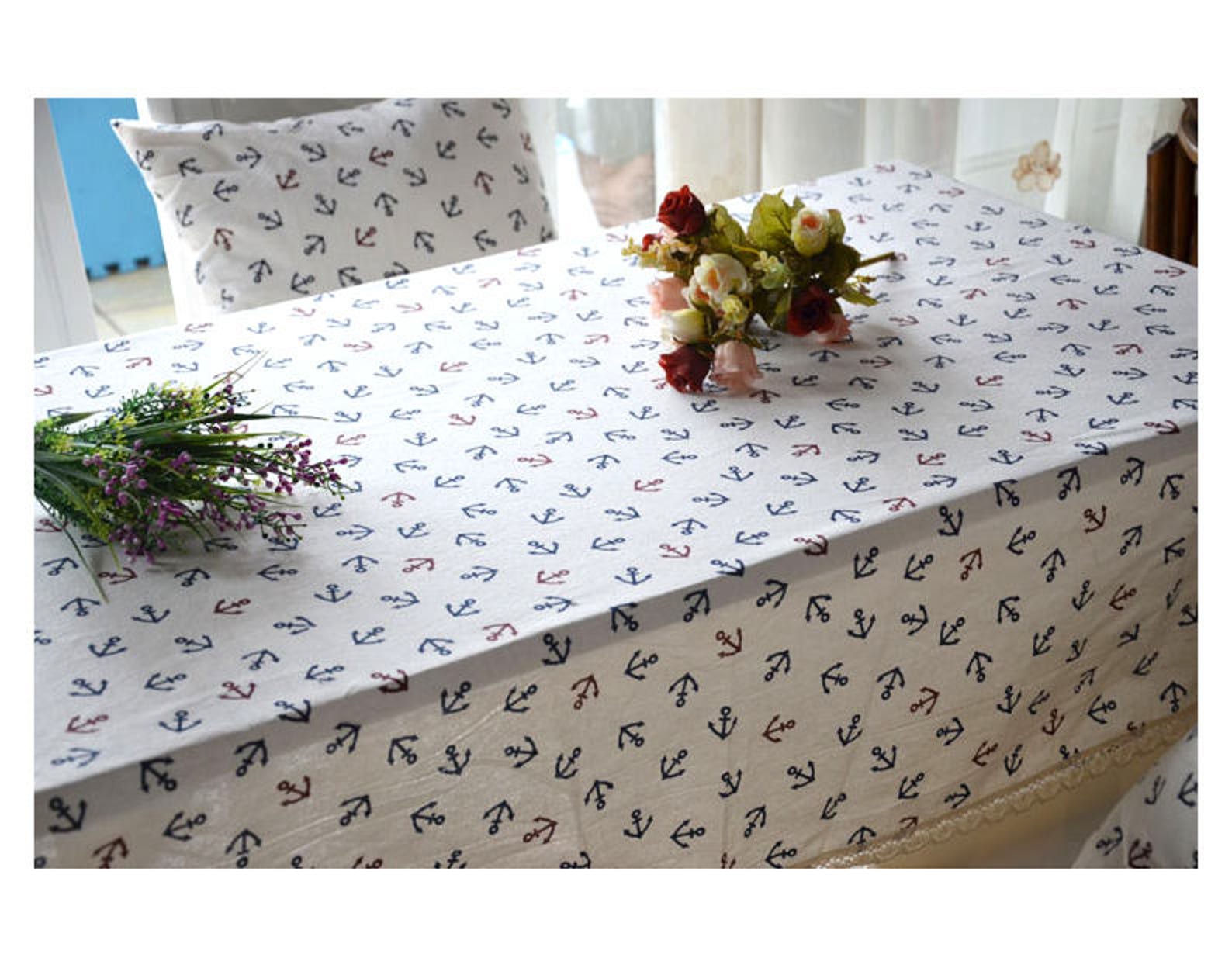 Linen Oval Tablecloth Nautical Sailing Anchor Navy Rectangle | Etsy