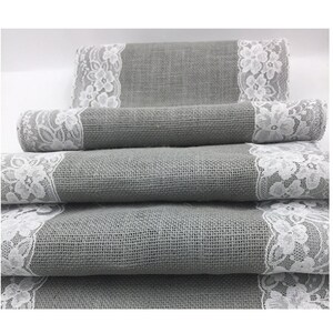 Gray Burlap Table Runner White Lace Thanksgivingwedding - Etsy