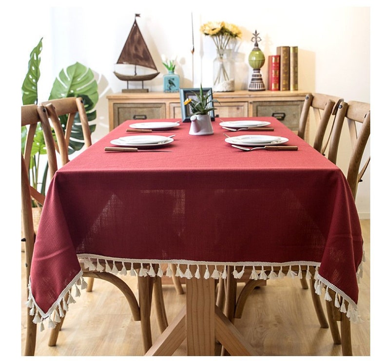 Tassel Fringe Linen Tablecloth Crimson Rectangle Square Round - Etsy