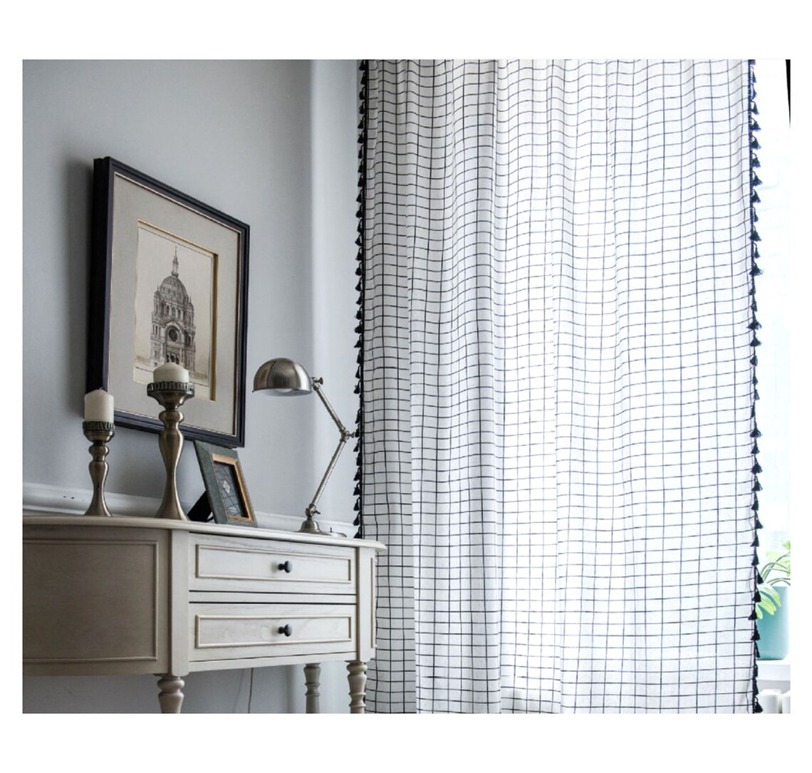 Check Plaid Tassel Window Curtain Panel/country Bedroom - Etsy
