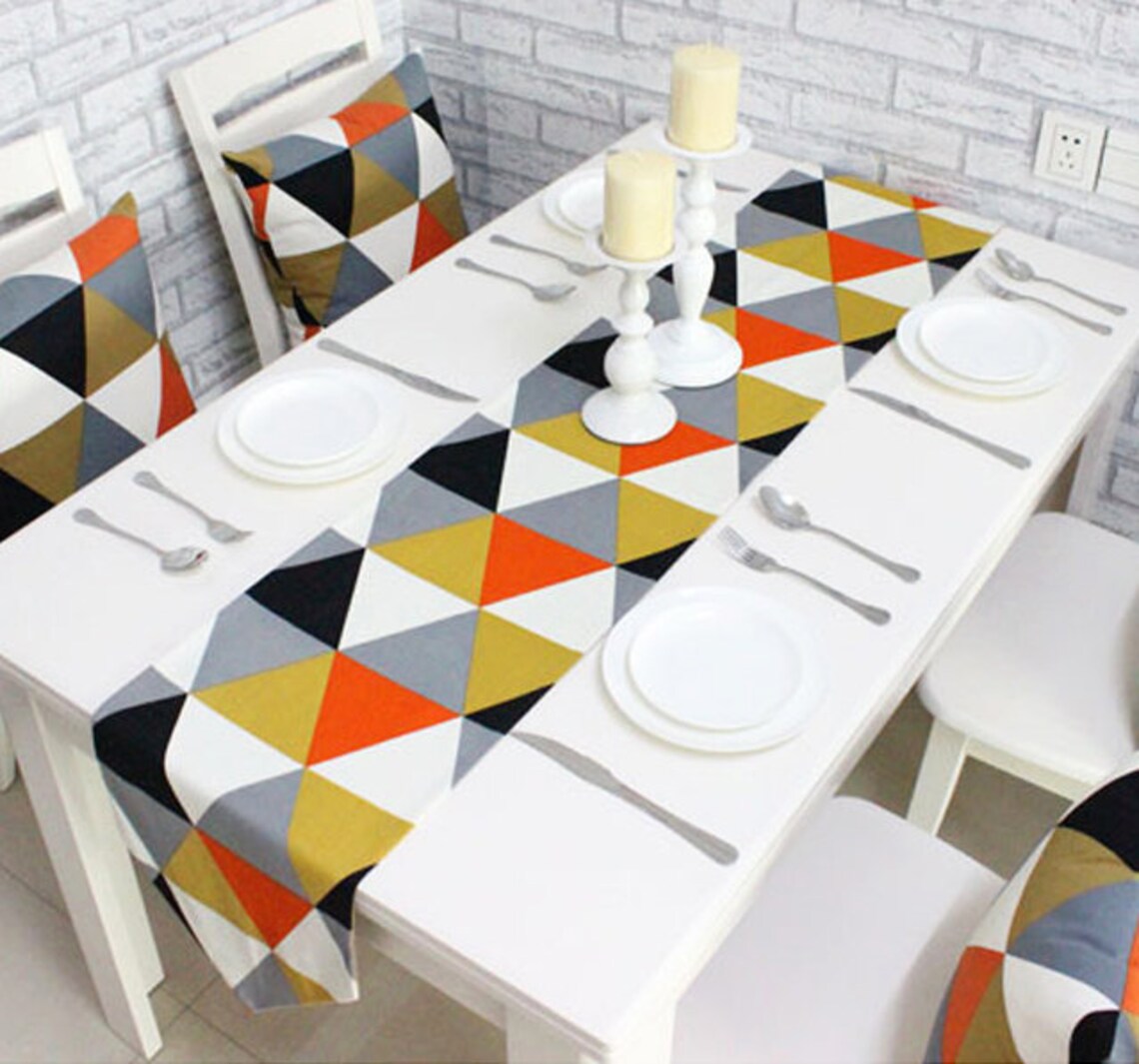 Coffee Table Runner Geometric Triangle Gray Orange Mustard | Etsy