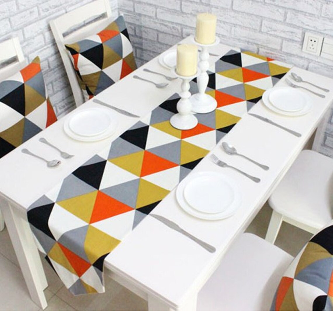 Table Runner Geometric Triangle Blue Gray White - Etsy