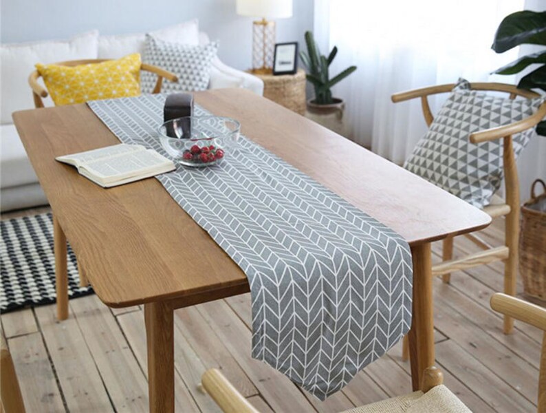Table Runner Cotton linen Geometric Gray | Etsy