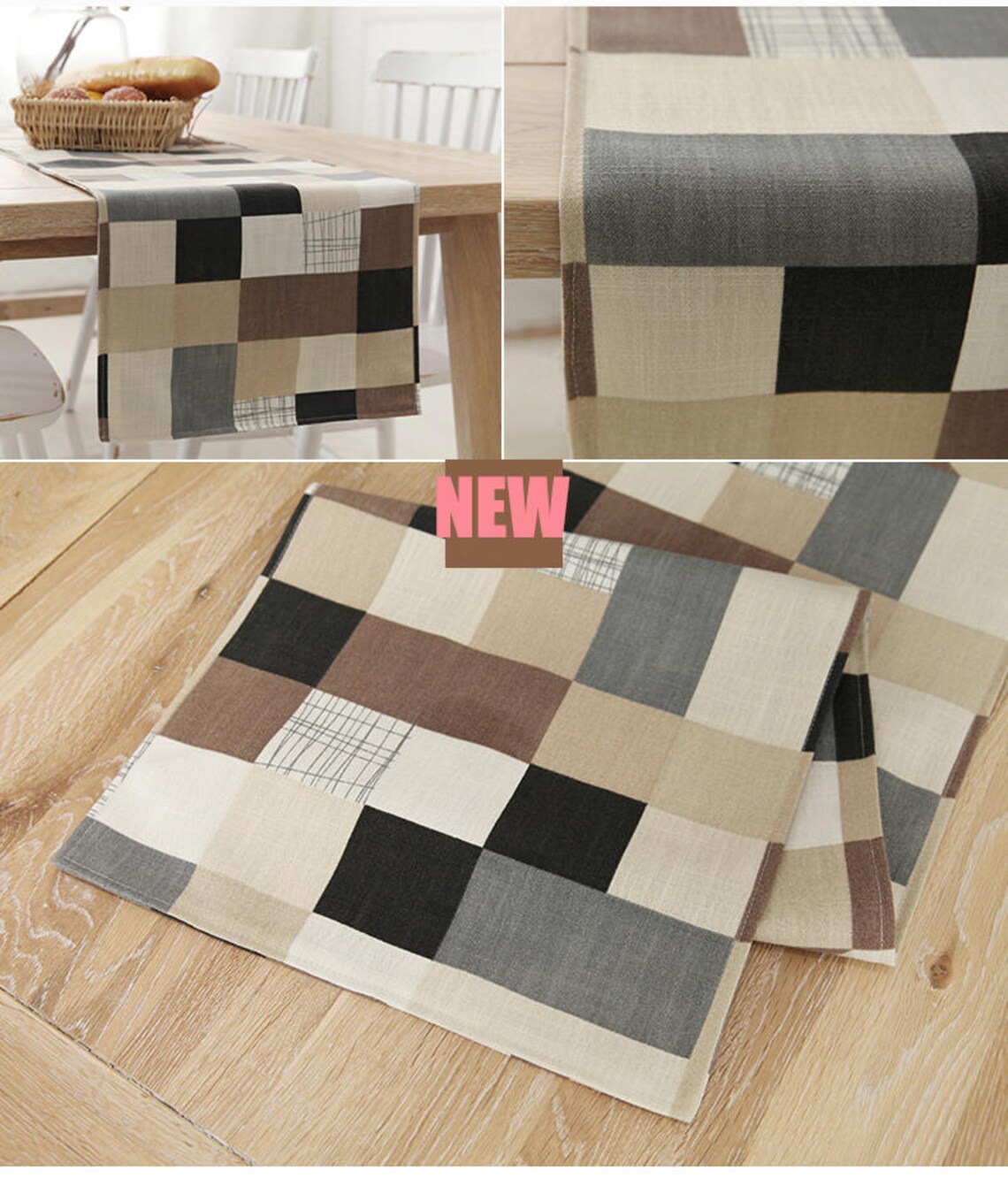 Linen Coffee Table Runner Brown Beige Check Partywedding | Etsy